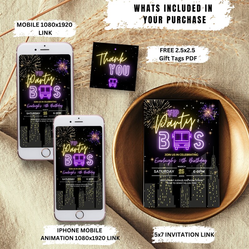 EDITABLE Party Bus Invitation Glow Party Invitation 21st - Etsy