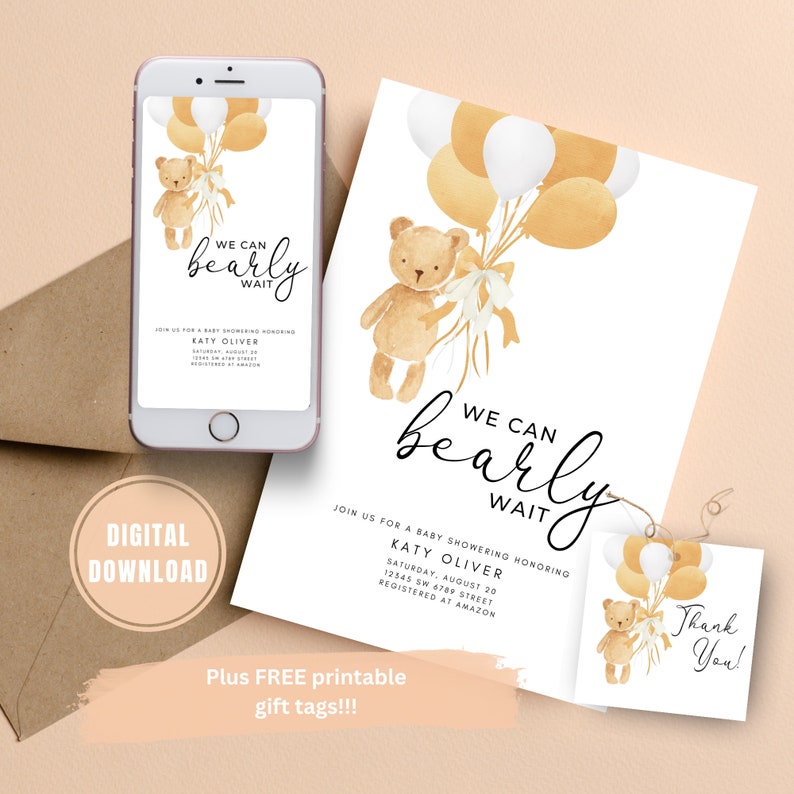 EDITABLE We Can Bearly Wait Baby Shower Teddy Bear Baby - Etsy