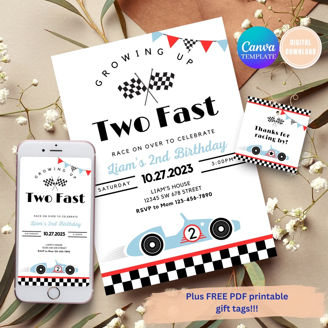 Two Fast Birthday Invitation, Blue Vintage Race Car (digital Download ...