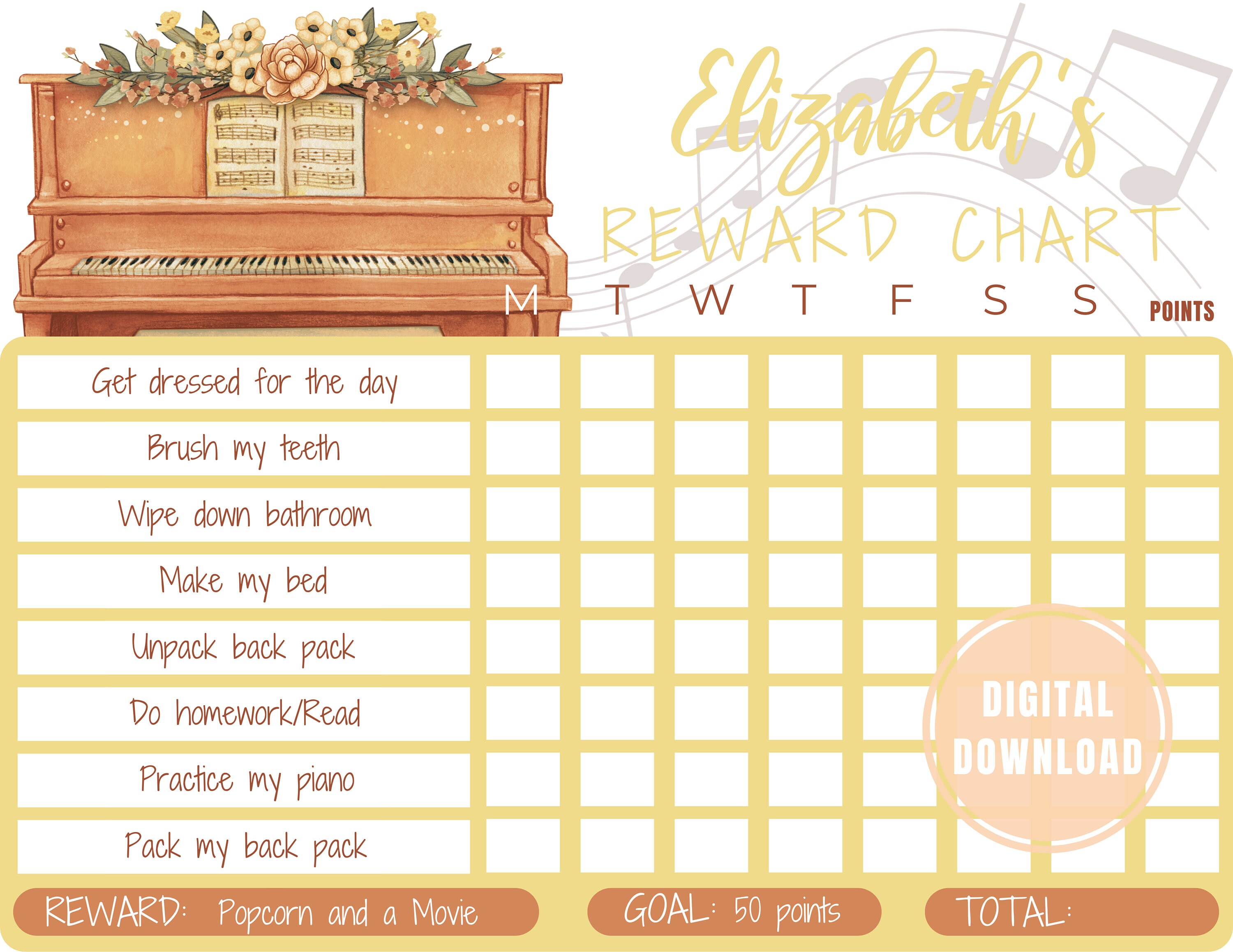 EDITABLE Floral Piano Reward Chart Toddler Reward Chart - Etsy