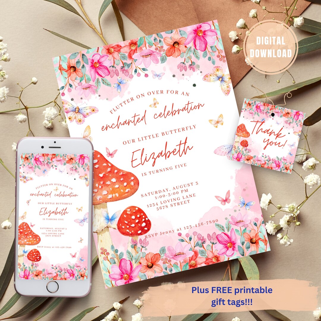 Editable Butterfly Birthday Invitation, Enchanted Forest (digital ...