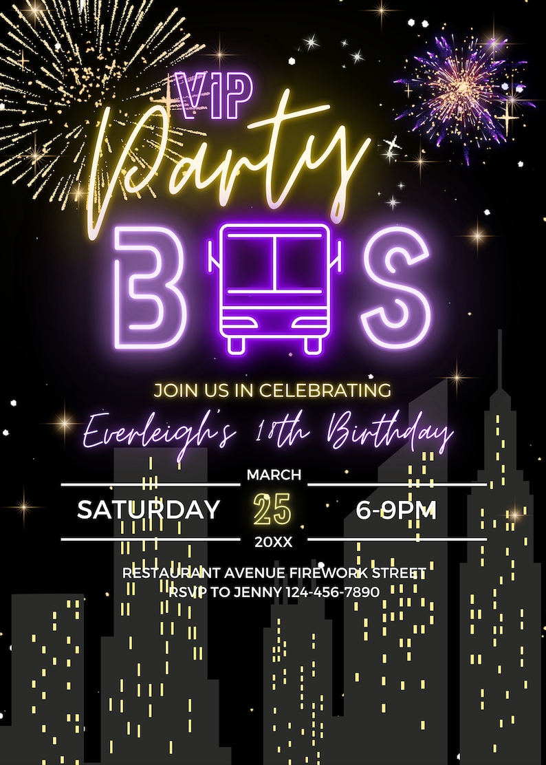 EDITABLE Party Bus Invitation Glow Party Invitation 21st - Etsy