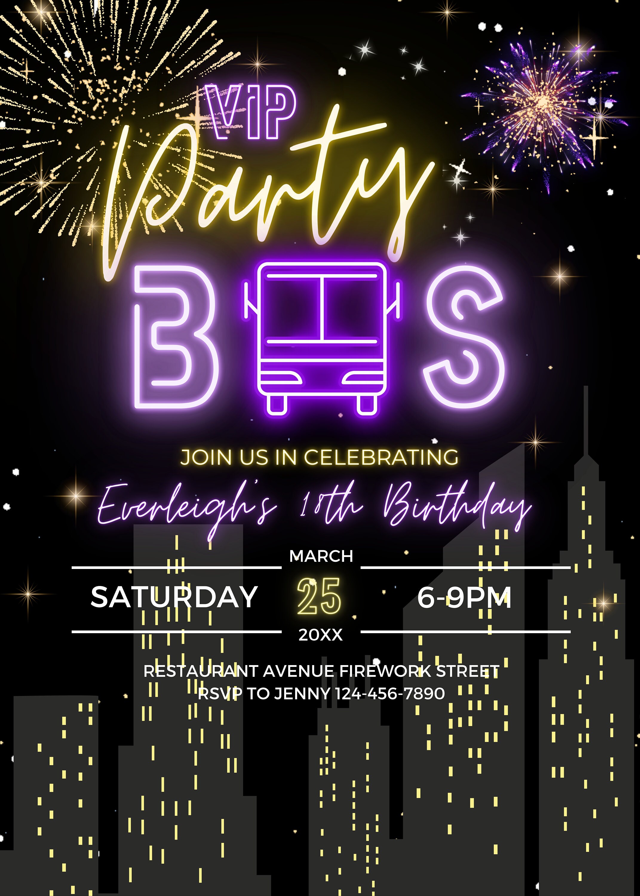 EDITABLE Party Bus Invitation Glow Party Invitation 21st - Etsy