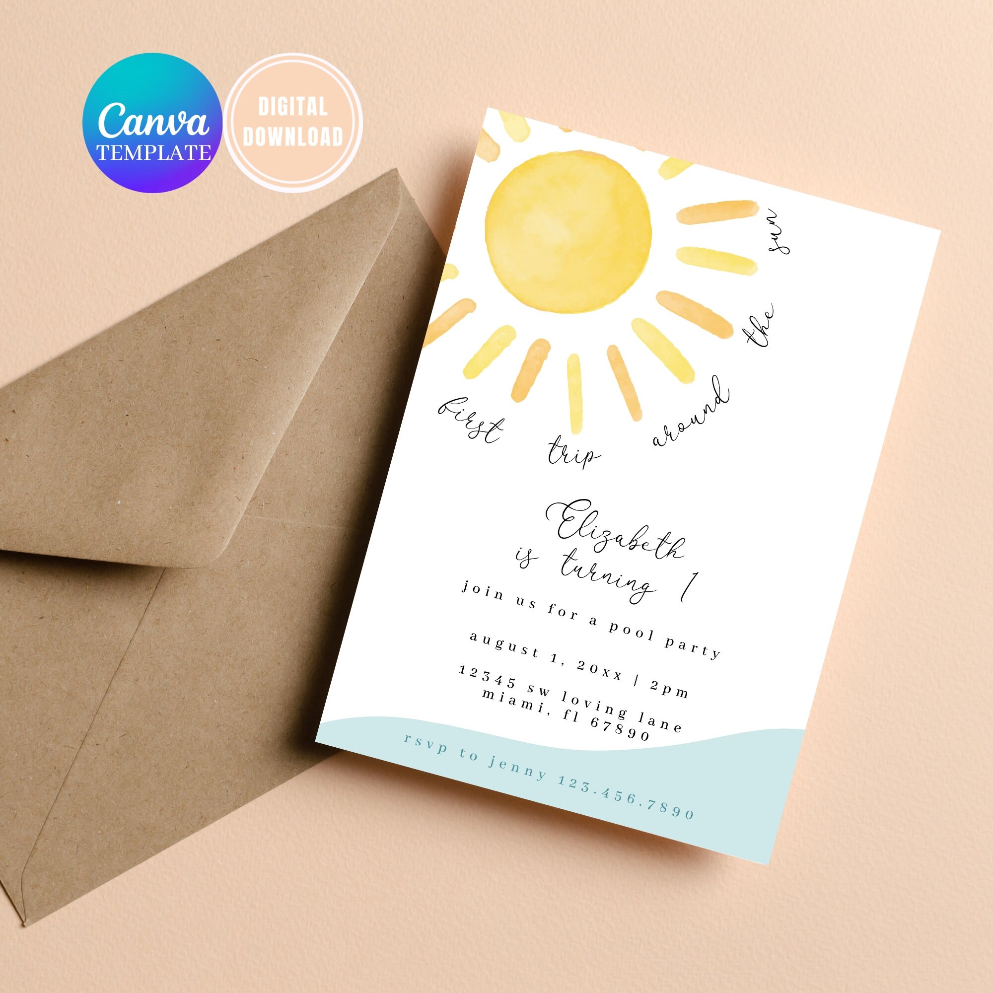 Editable First Trip Around the Sun Birthday Invitation (digital ...