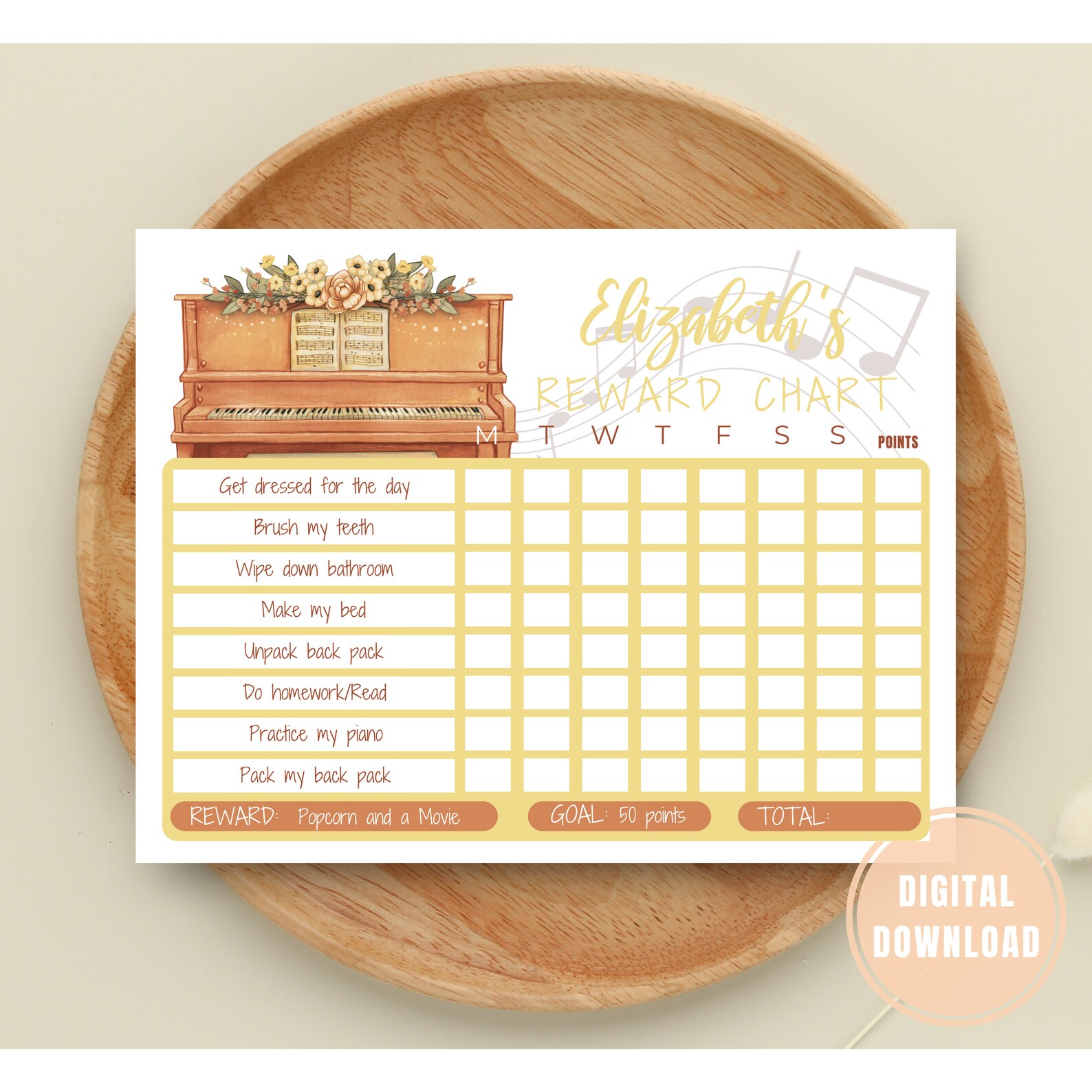 EDITABLE Floral Piano Reward Chart Toddler Reward Chart - Etsy