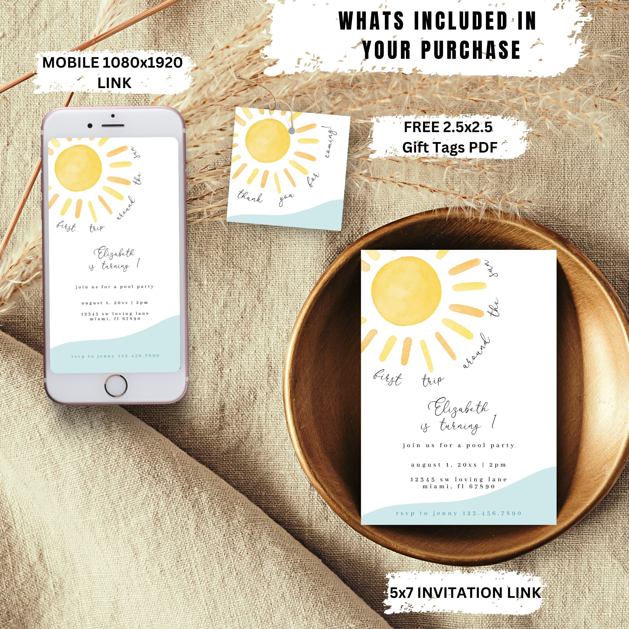Editable First Trip Around the Sun Birthday Invitation (digital ...