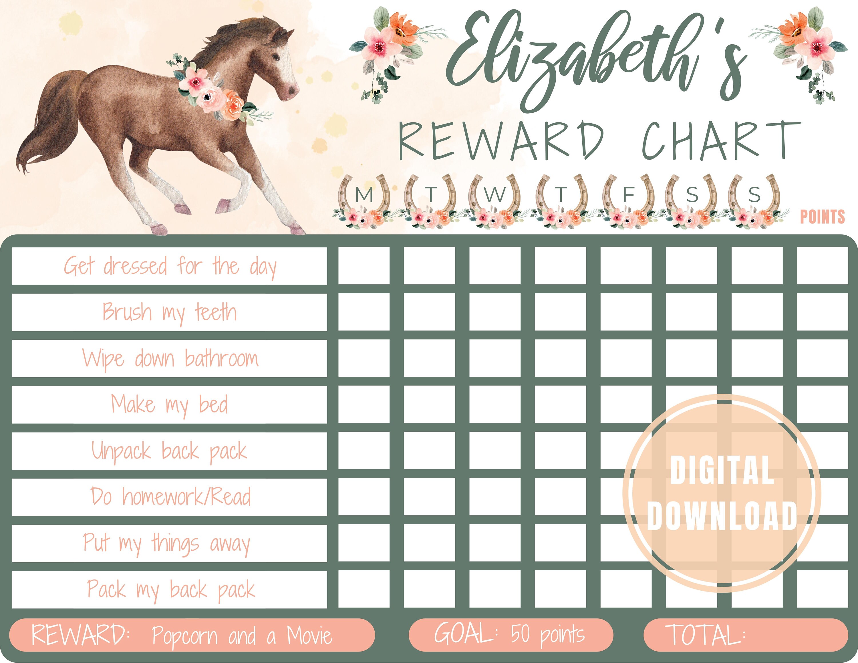 EDITABLE Horse Reward Chart Toddler Reward Chart - Etsy
