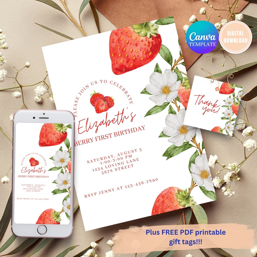 EDITABLE Berry First Birthday Invitation, Berry First Birthday Digital ...