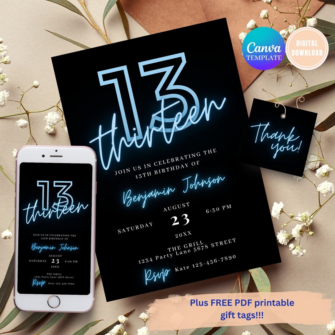 Editable Neon 13th Birthday Invitation, Teen Party (digital Download ...