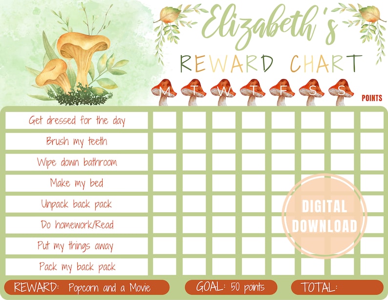EDITABLE Mushroom Reward Chart Behavior Chart Responsibility - Etsy