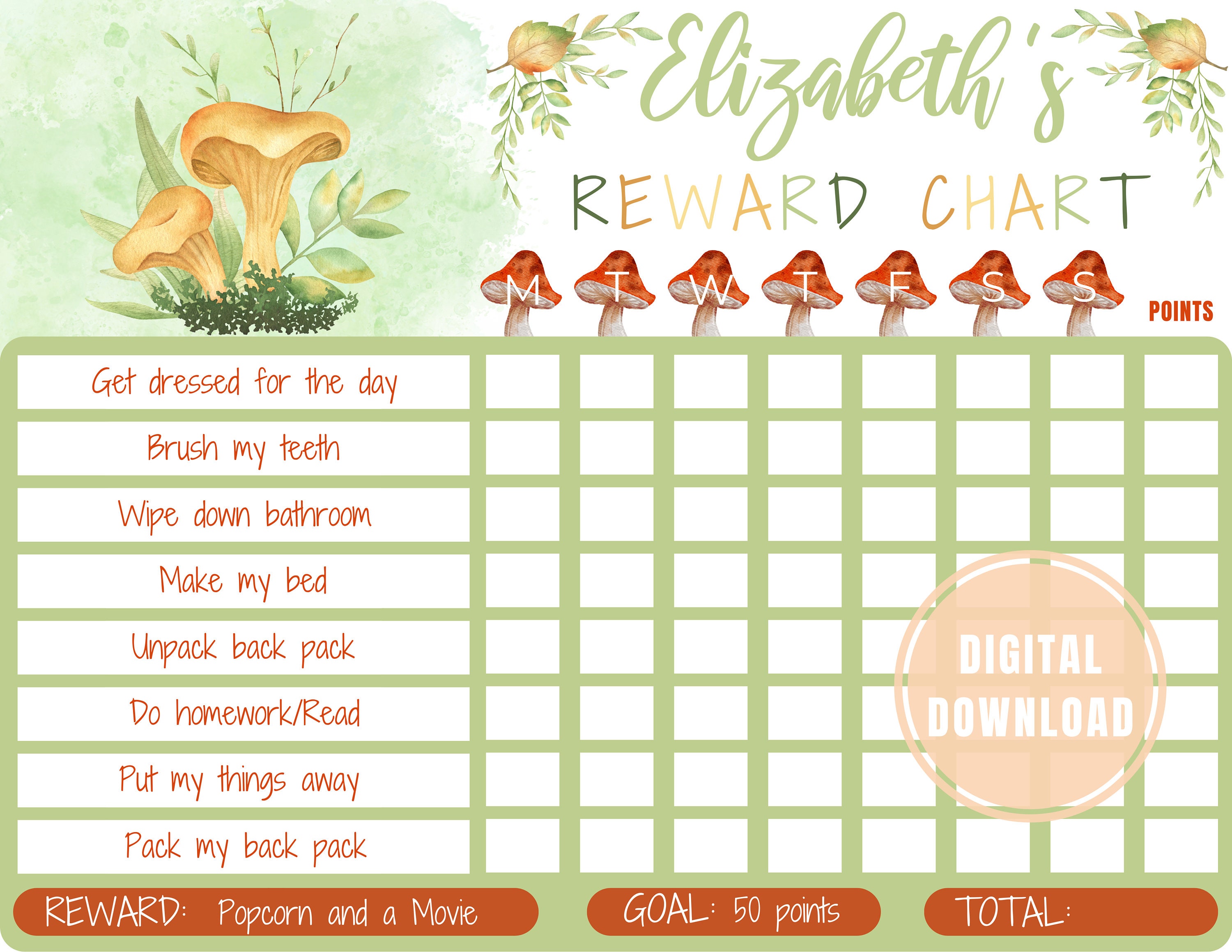 EDITABLE Mushroom Reward Chart Behavior Chart Responsibility - Etsy