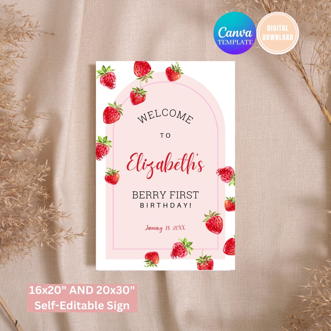 Berry First Birthday Welcome Sign, Strawberry Birthday Sign Decorations ...
