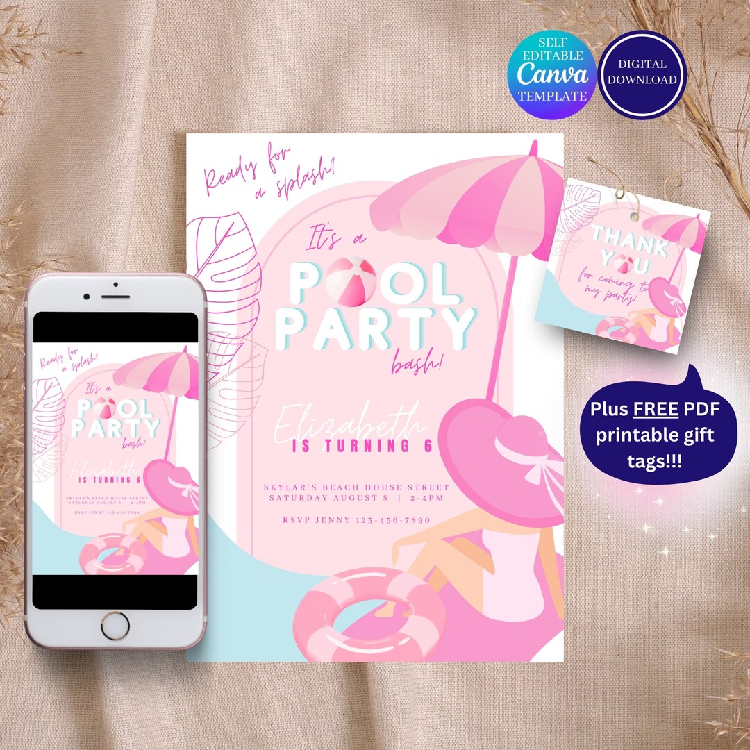 EDITABLE Pink Pool Party Invitation Pool Party Birthday Invitation Pool ...