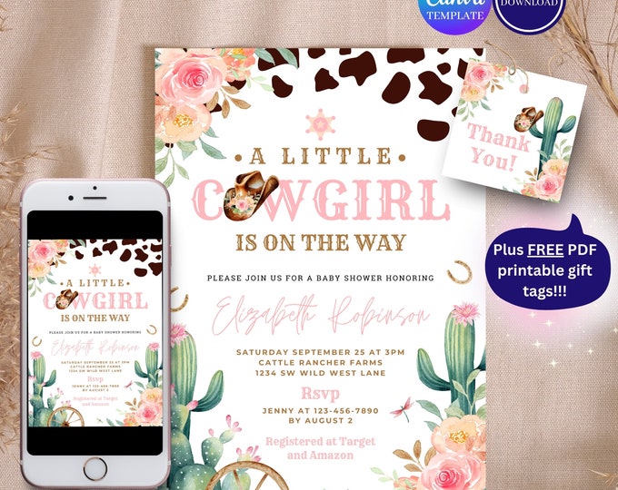 Editable Farm Baby Shower Invitation Set, Floral Pink Barnyard Baby ...