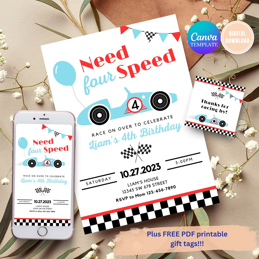 SELF EDITABLE Need FOUR Speed Invitation Race Car 4th Birthday ...