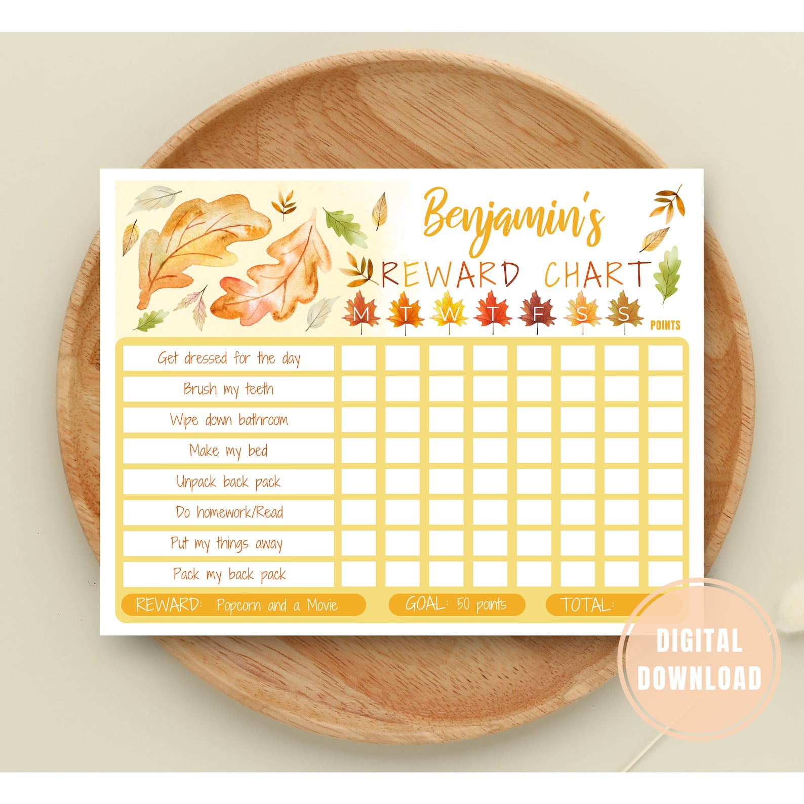 EDITABLE Fall Autumn Chore Chart Reward Chart Behavior - Etsy