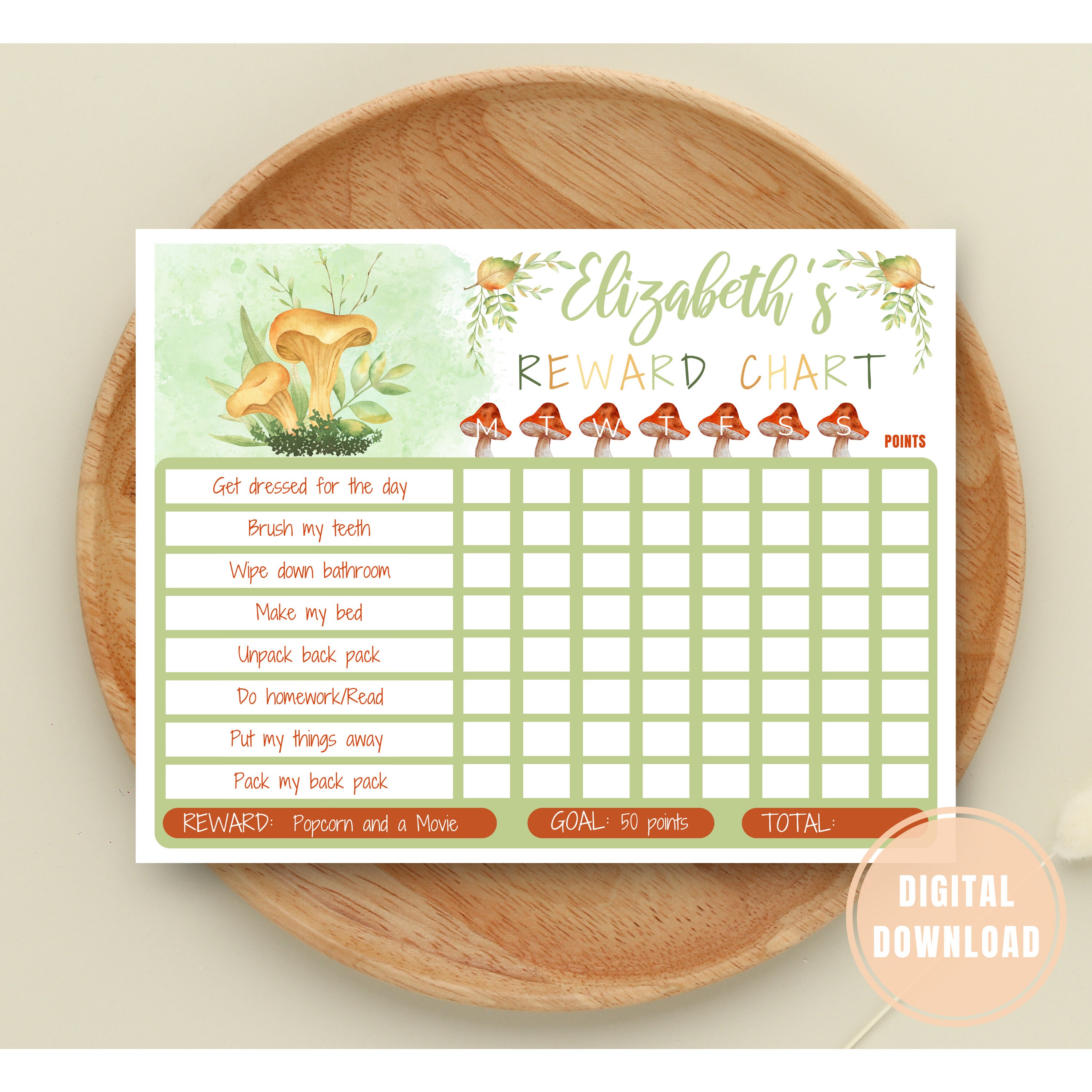 EDITABLE Mushroom Reward Chart Behavior Chart Responsibility - Etsy