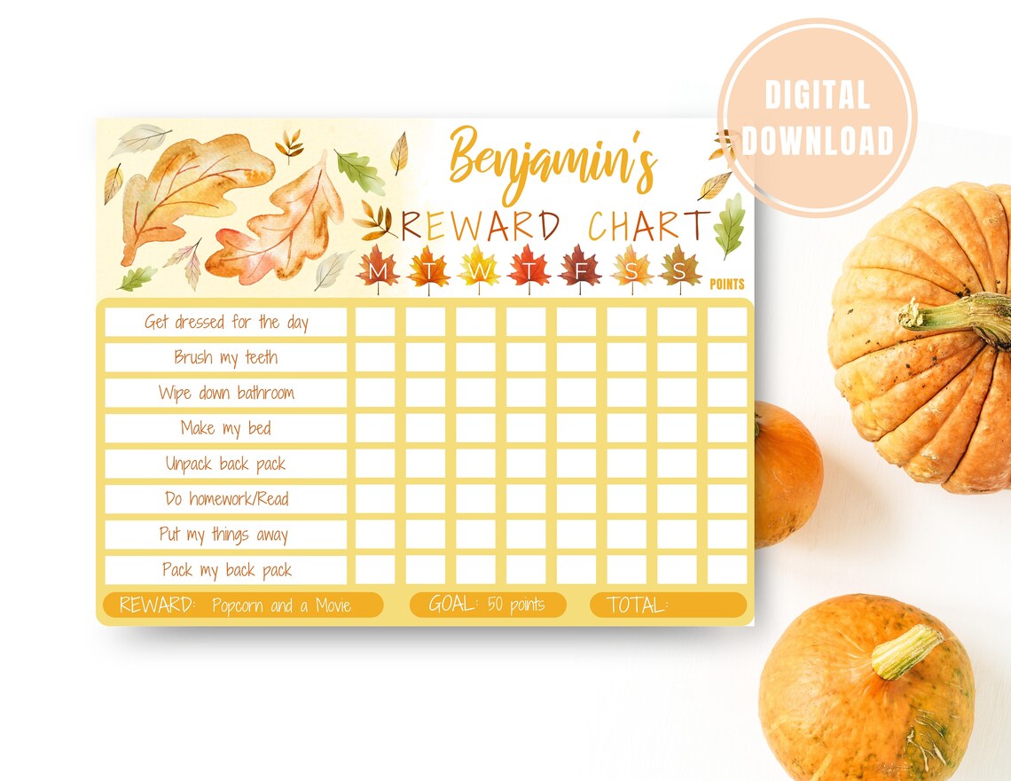 EDITABLE Fall Autumn Chore Chart Reward Chart Behavior - Etsy