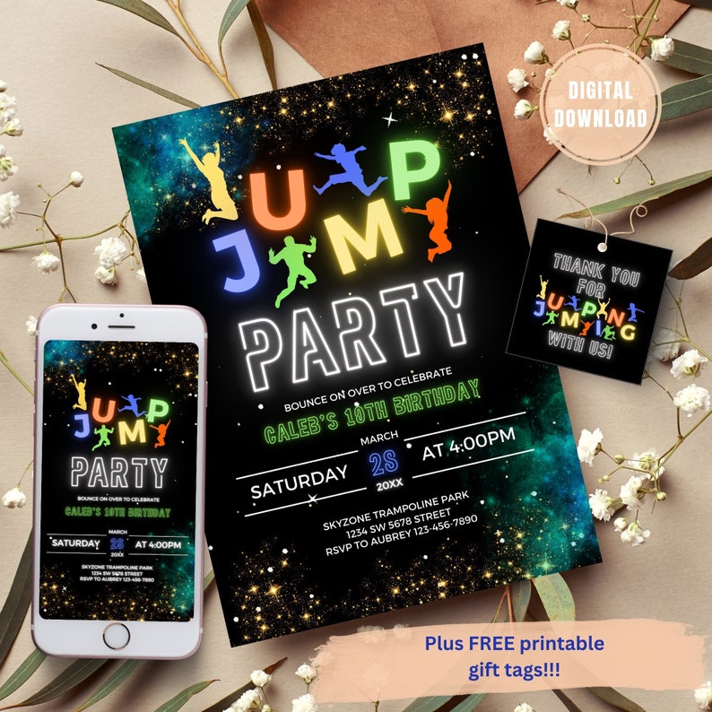 Editable Trampoline Birthday Invitation, Glow Jump Party (digital ...
