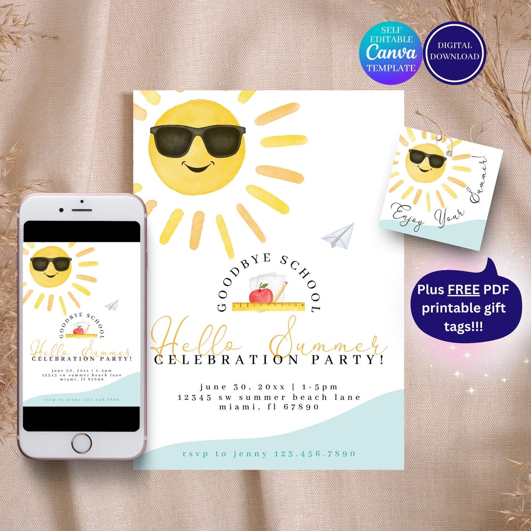 End of School Party Invitation, Hello Summer, Sunshine (digital ...