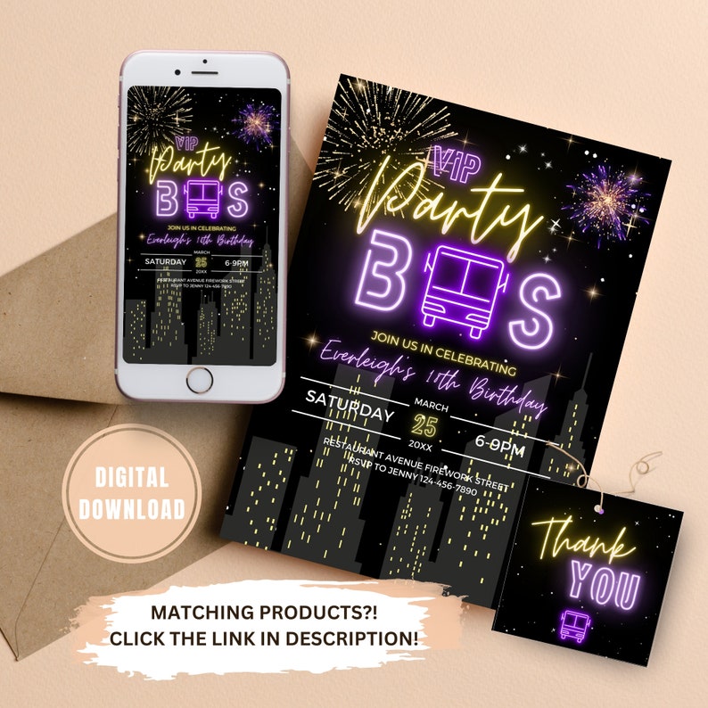 EDITABLE Party Bus Invitation Glow Party Invitation 21st - Etsy
