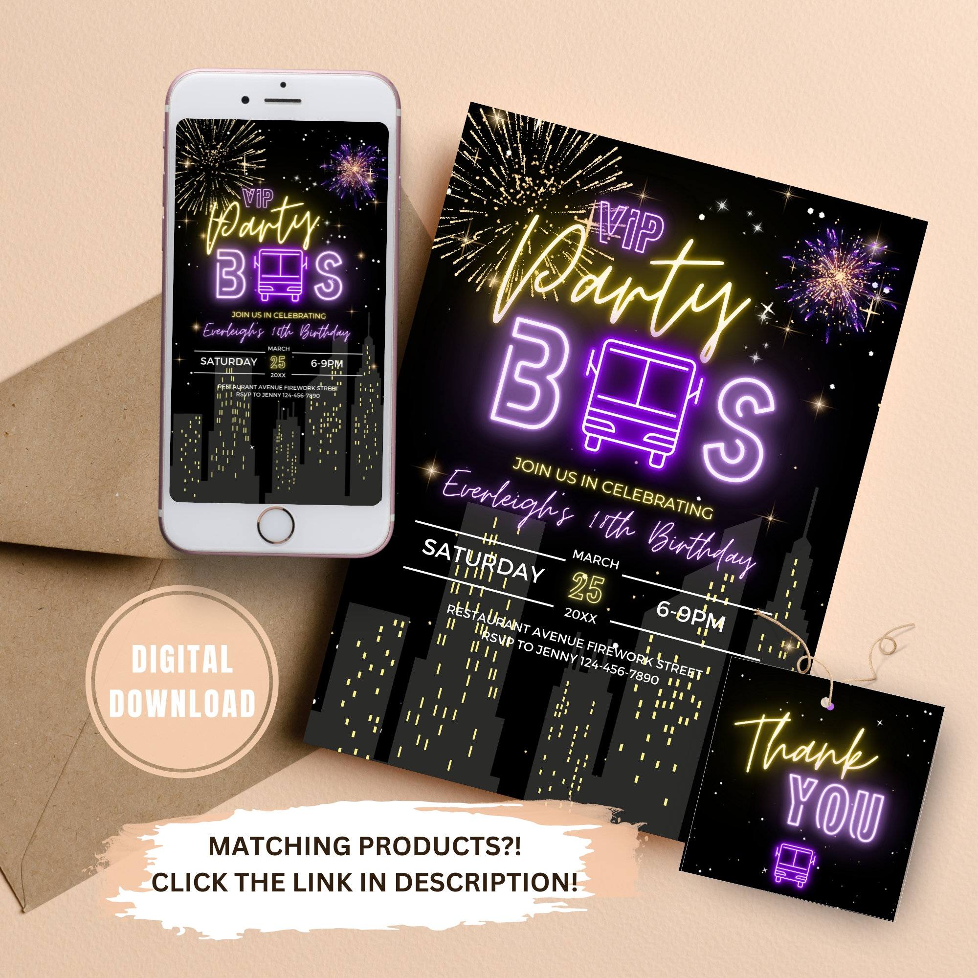 EDITABLE Party Bus Invitation Glow Party Invitation 21st - Etsy