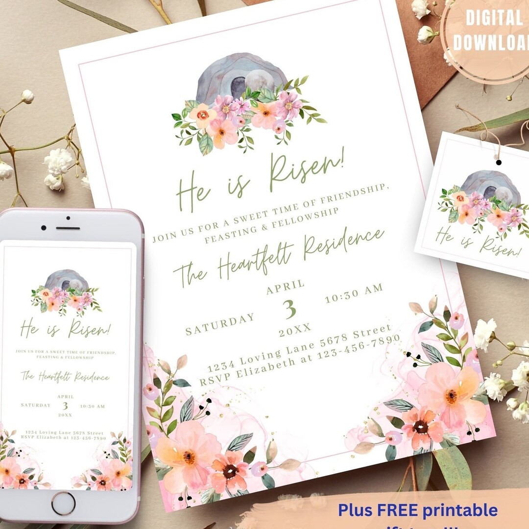 EDITABLE He is Risen Resurrection Tomb Invitation, Watercolor Pink and ...