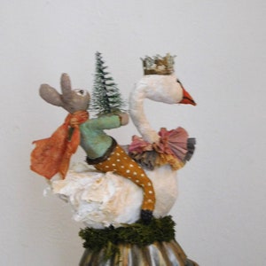 Fairytale Swan and Rabbit Ornament, Whimsical Animal Figurines, Spun ...