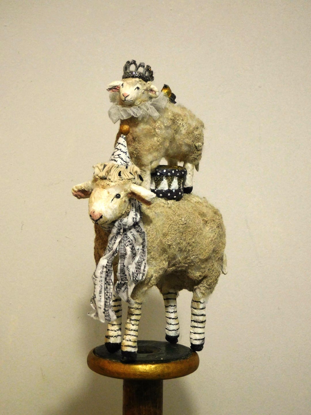 A Pair of Vintage Inspired Sheep, Spun Cotton Sheep, Clown Ornament ...