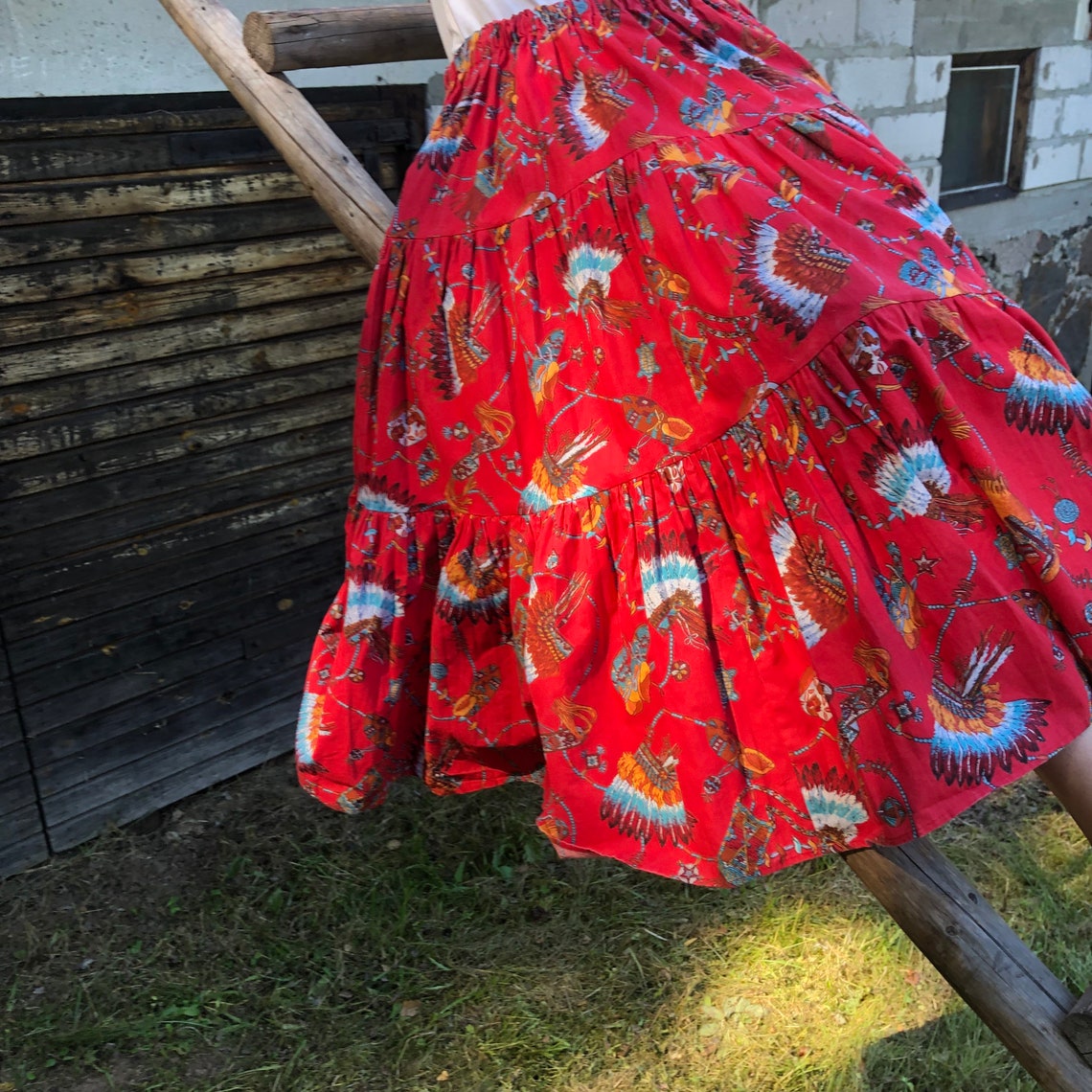 Native American Indian Theme Red Print Vintage Boho Hipi Handmade ...