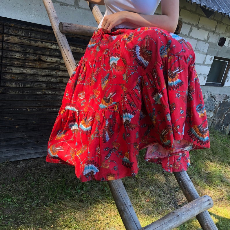 Native American Indian Theme Red Print Vintage Boho Hipi Handmade ...