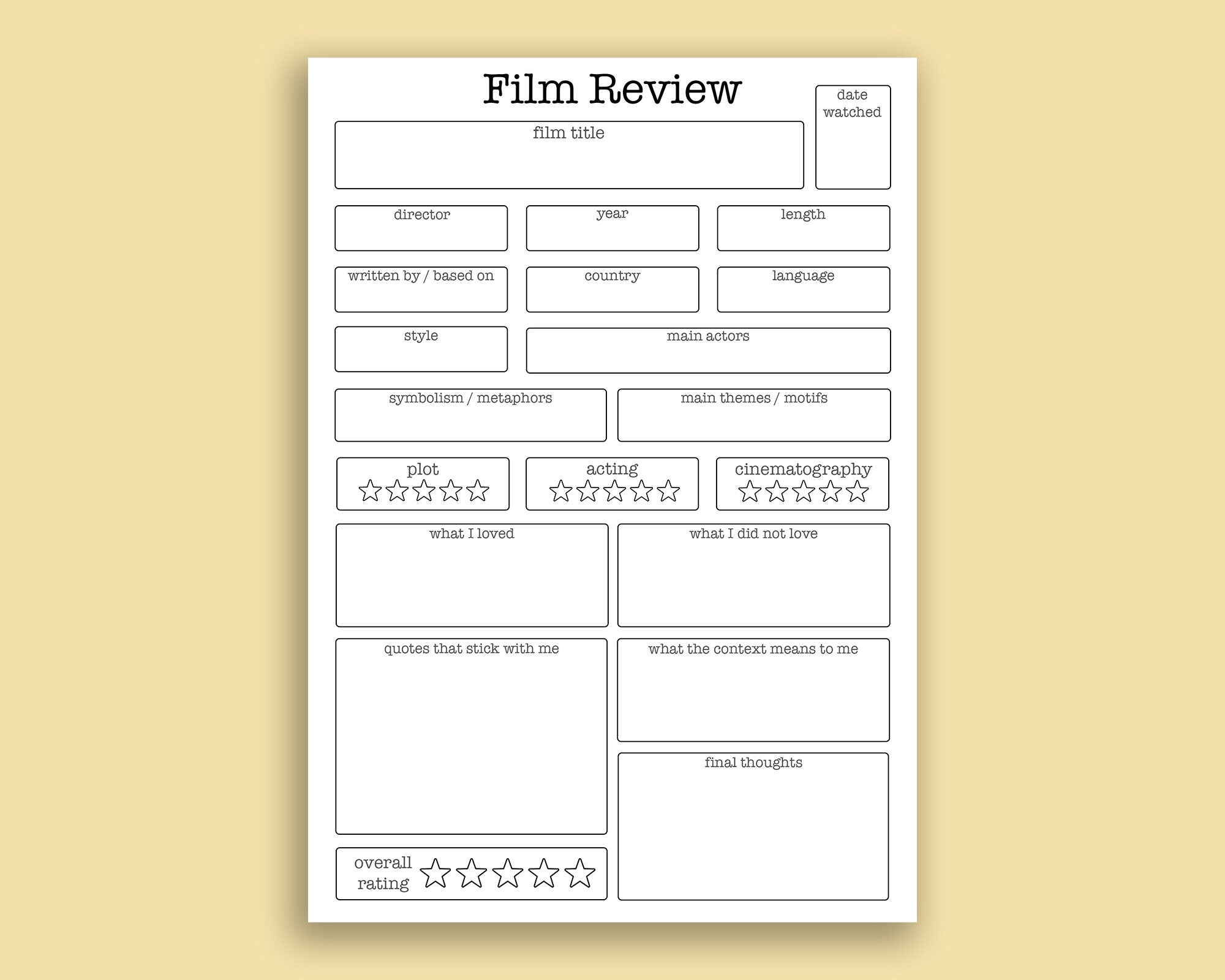 Printable Film Review, Movie Review in A4, A5, Letter - Etsy