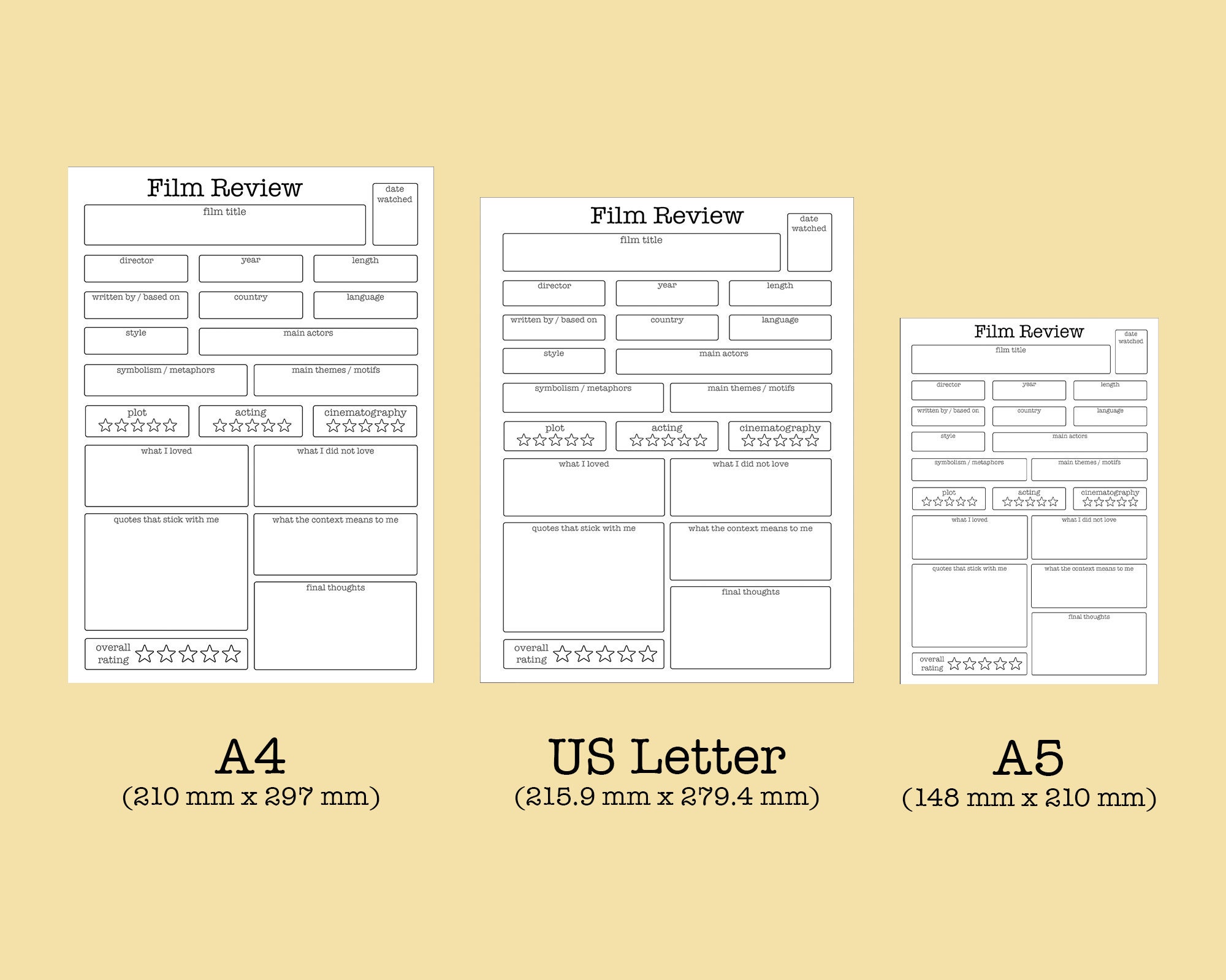 Printable Film Review, Movie Review in A4, A5, Letter - Etsy
