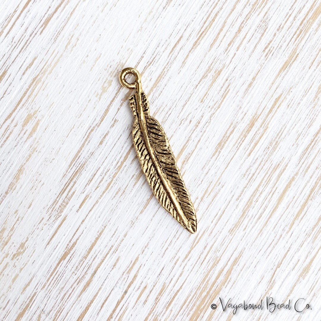 24k Antique Gold Feather Pendant 33mm / 2pc, Gold Plated Feather Charm ...