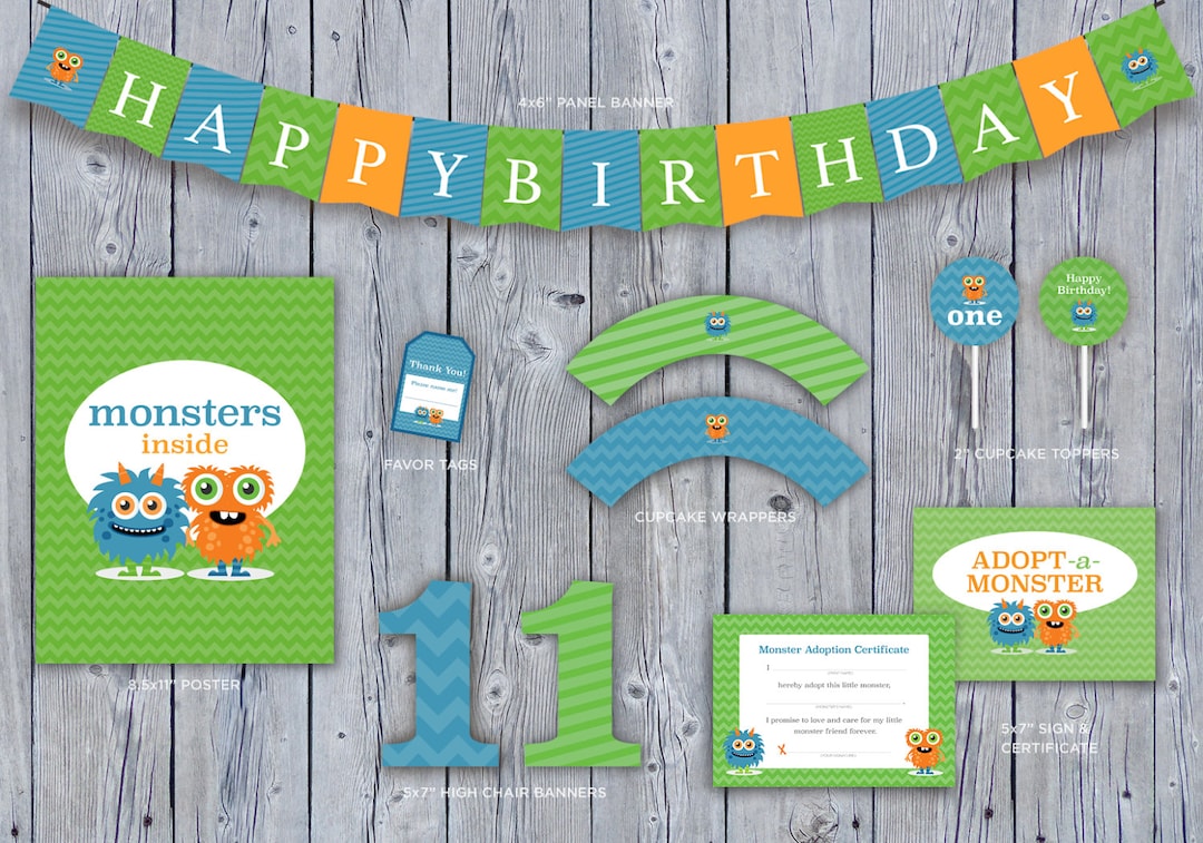 Instant Download • Boys Cute Monster First Birthday Party PRINTABLE ...
