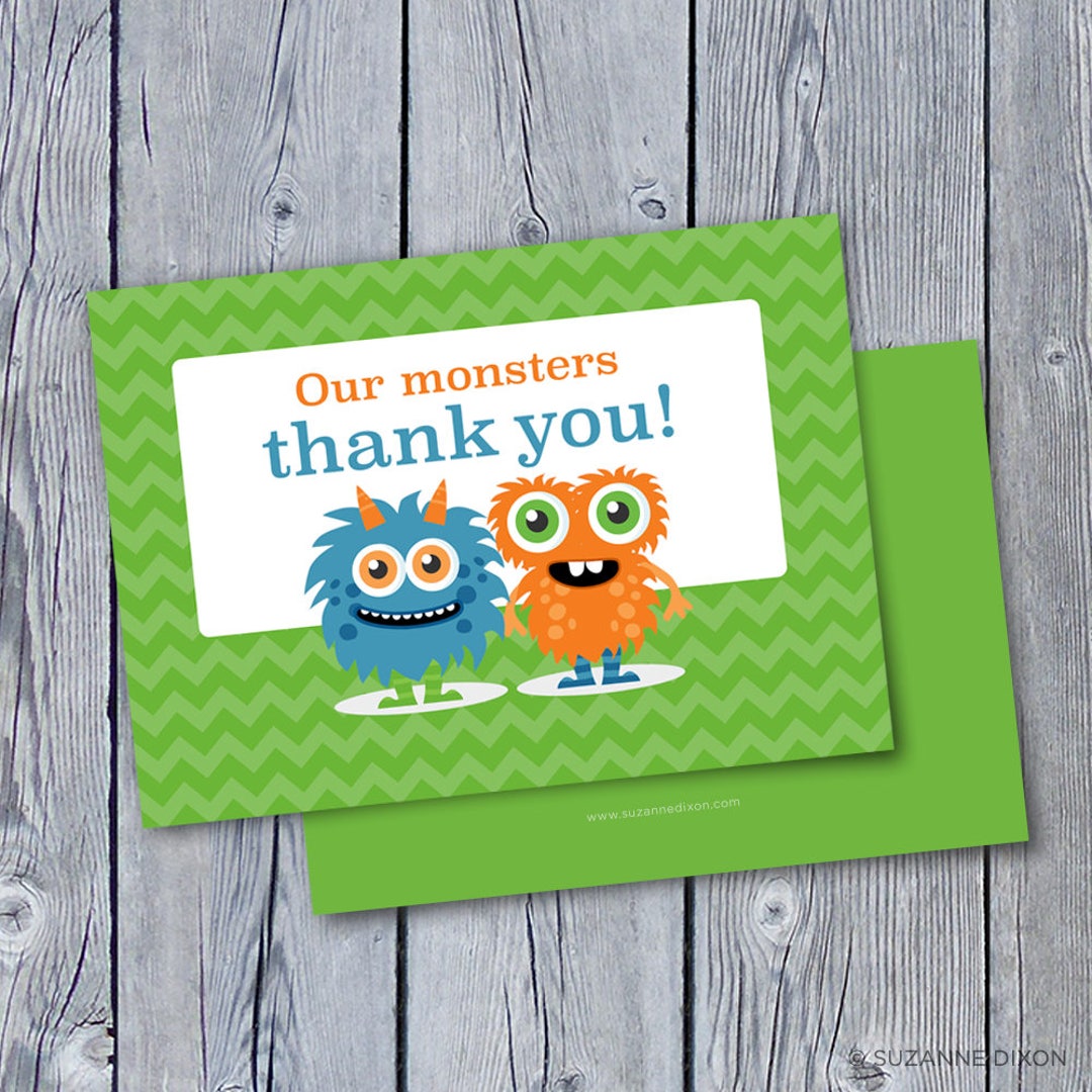 Instant Download • Boys Cute Monster Thank You Card • PRINTABLE Folded ...