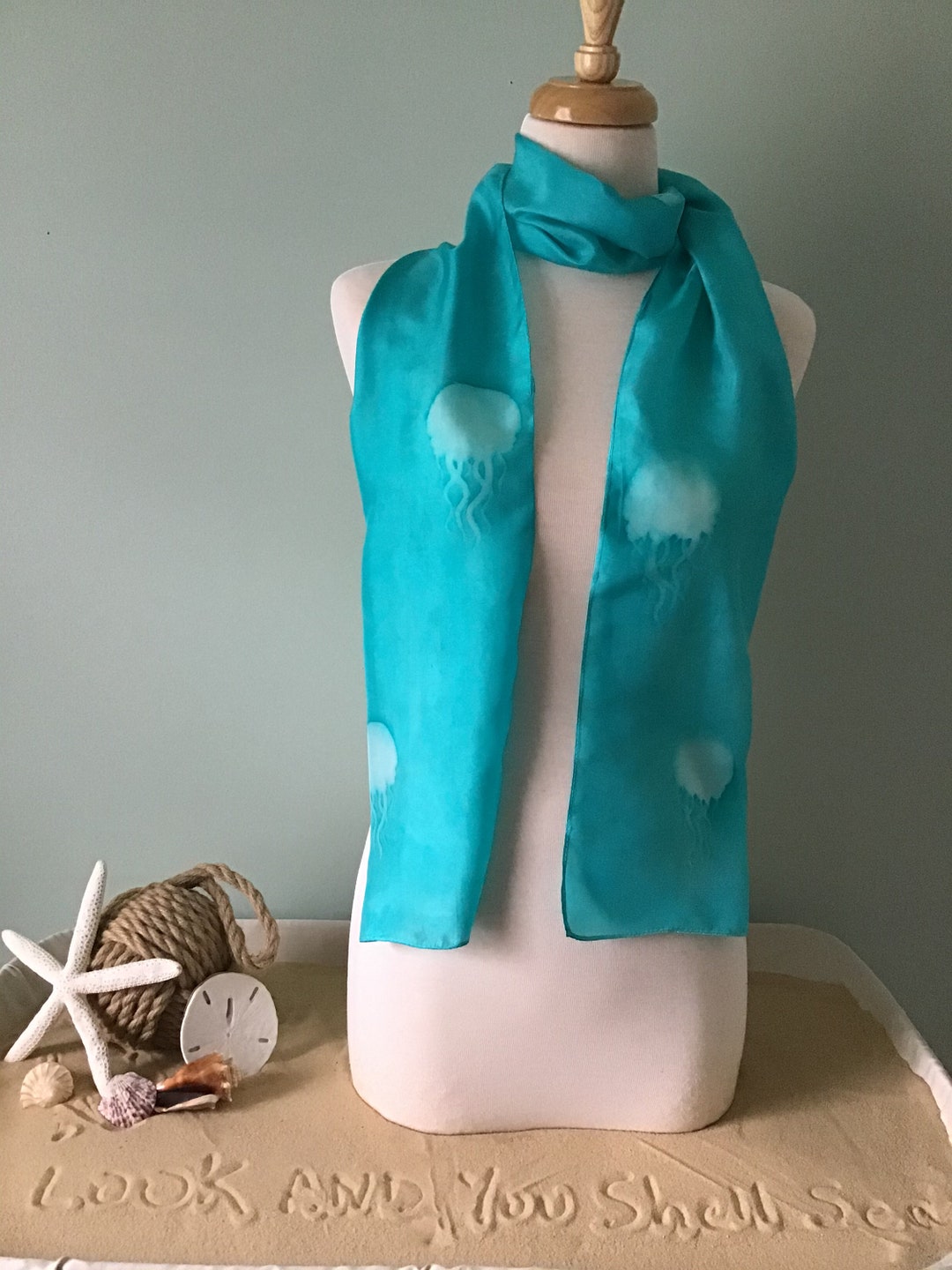 Turquoise Silk Scarf With Jellyfish Design - Etsy