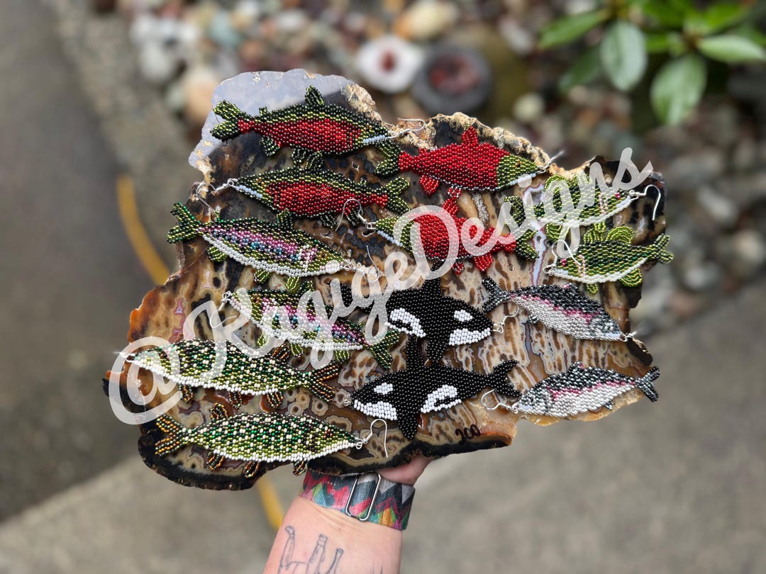 Hand Woven Beaded Fish Earrings: Sockeye Salmon, Rainbow Trout, Bass ...