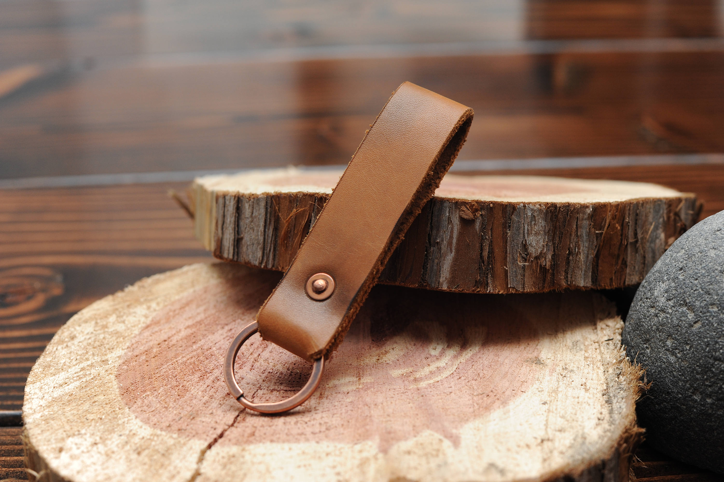 Key Chain Acadia Tan Troy Leather With Solid Copper Rivit | Etsy