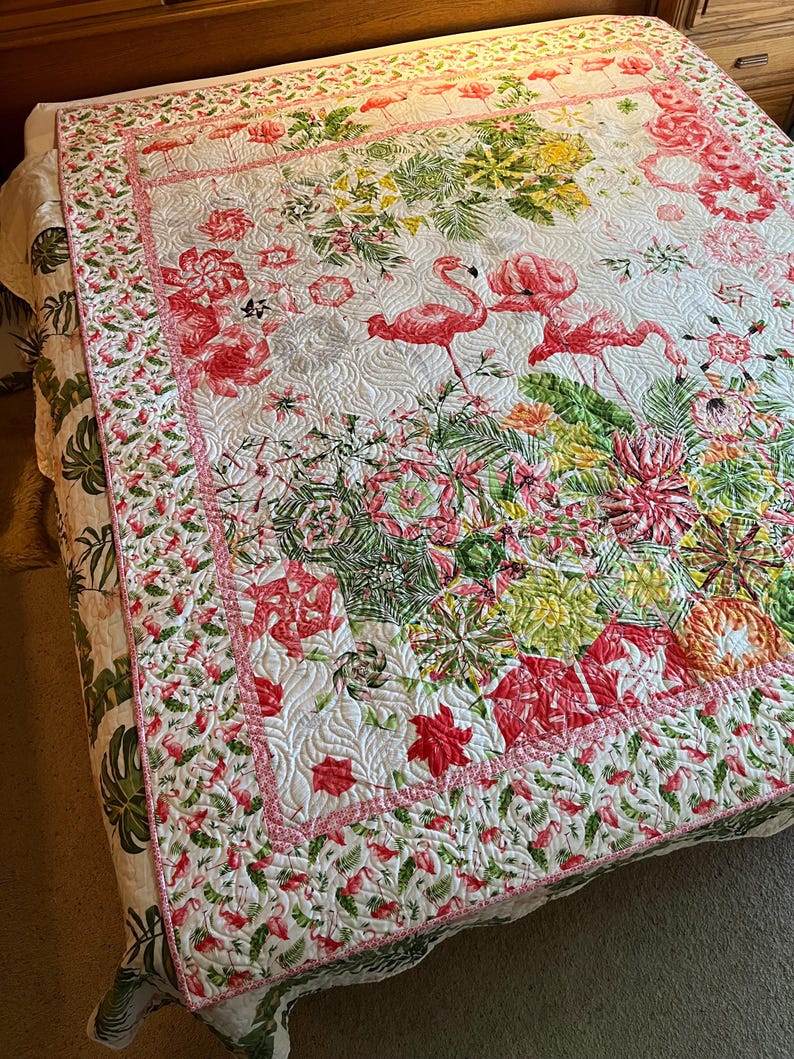 Handmade Quilt, Flamingo Quilt, One Block Wonder Quilt, Tropical Quilt ...