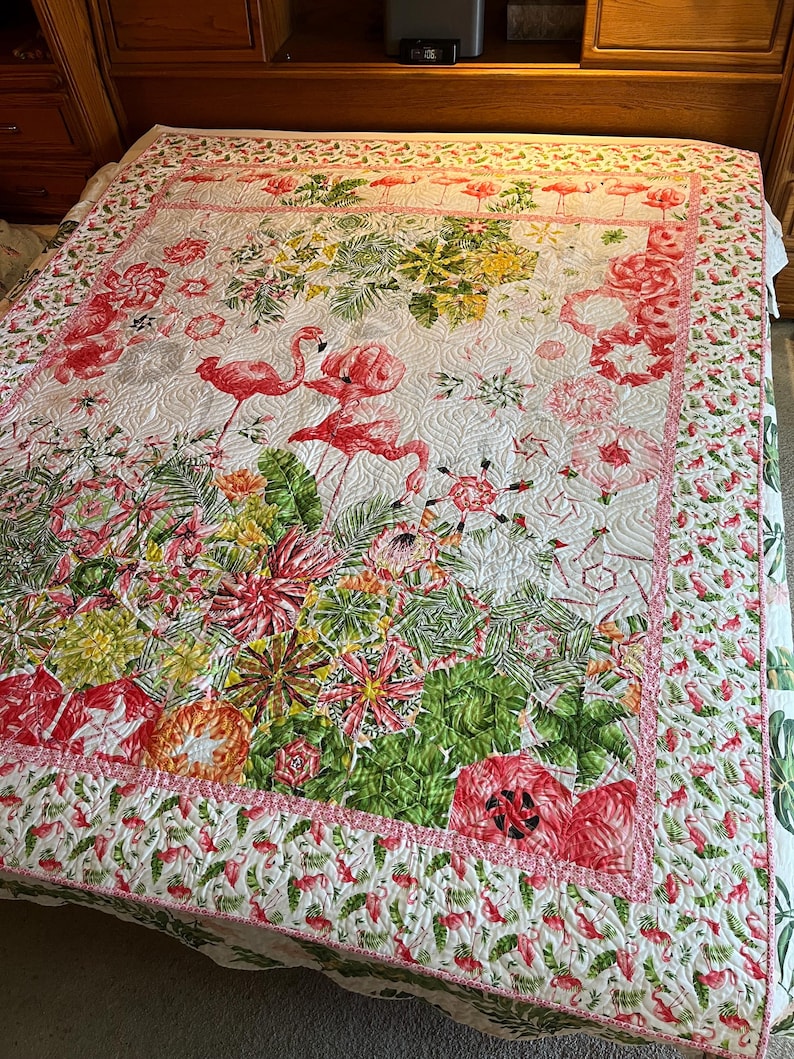 Handmade Quilt, Flamingo Quilt, One Block Wonder Quilt, Tropical Quilt ...