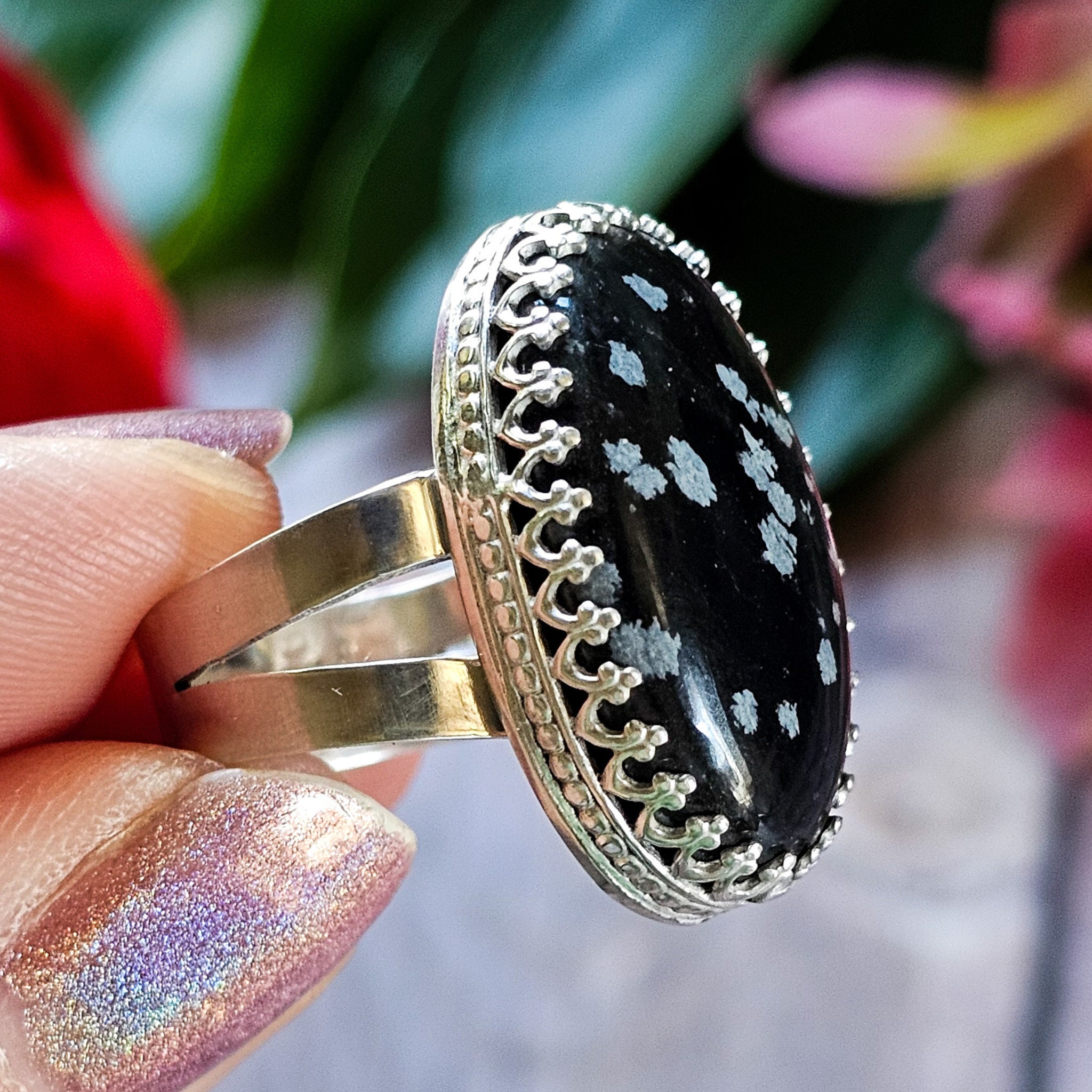 Sterling Silver Snowflake Obsidian Ring - Split Band, Size 7.5 - Etsy