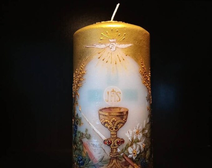 First Communion Candle-gold 6tall, Handpainted Details. Catholic Gifts ...