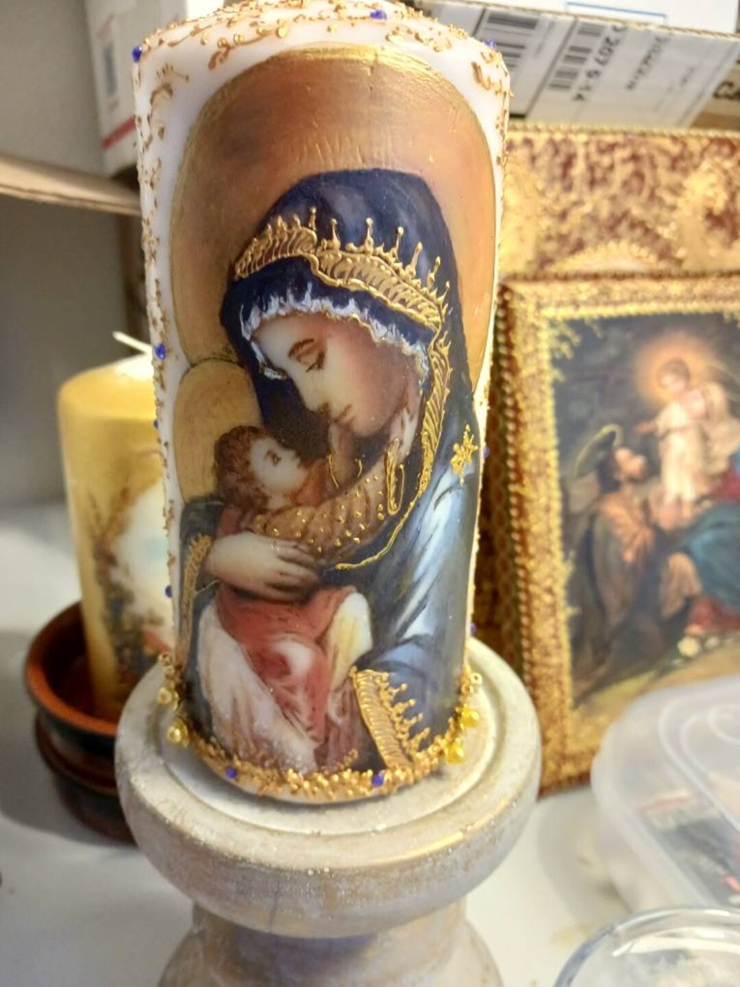 Virgin Mary and Baby Jesus Candle Handmade. Handpainted - Etsy