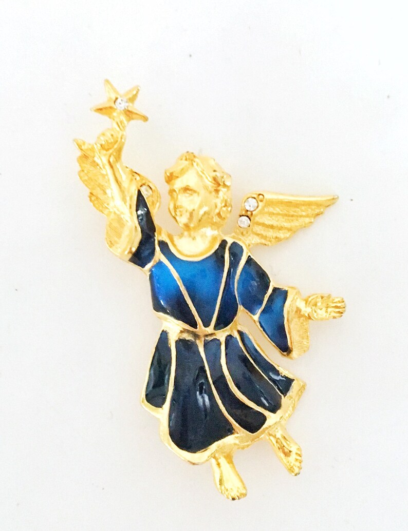 Christmas Brooch. Blue and Gold Enameled Angel Holding a Star. - Etsy