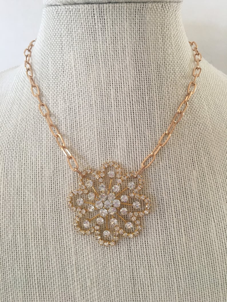 Statement Necklace. Gold Vintage Brooch Pendant. Rhinestone - Etsy