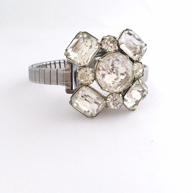 Big Silver Rhinestone Statement Bracelet. Vintage Assemblage Jewelry ...