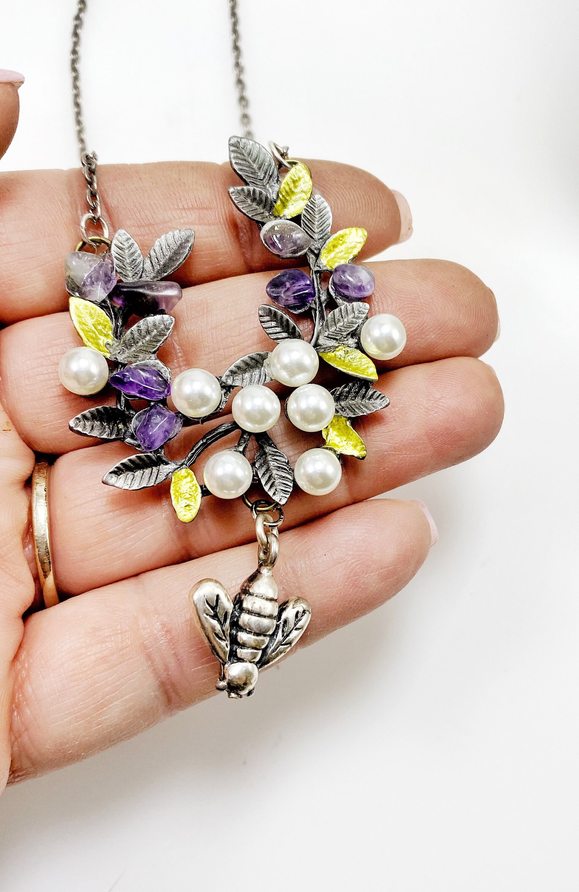 Vintage Long Silver Repurposed Brooch Necklace. Purple - Etsy