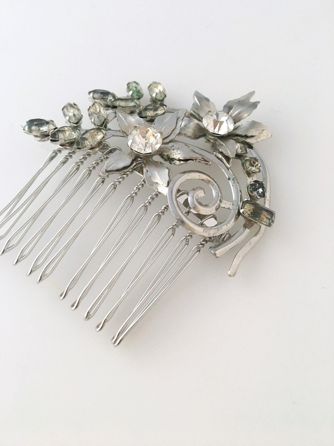 Vintage Jewelry Hair Comb. Silver and Rhinestone Floral. - Etsy