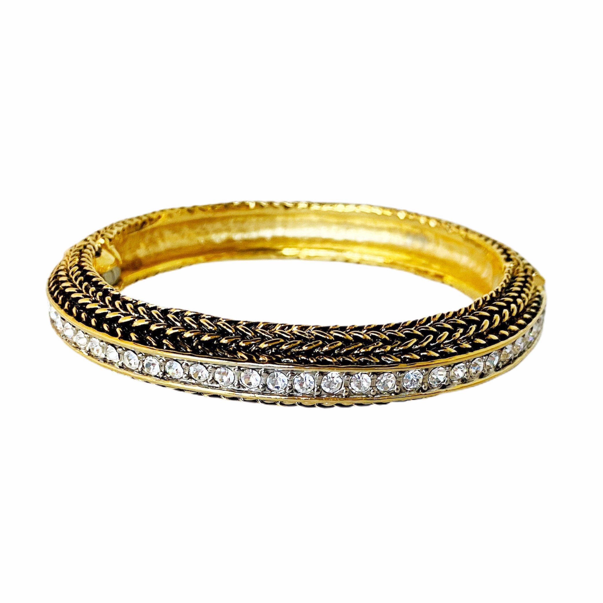 Gold Tone Hinged Bangle Bracelet. Antiqued Texture With Line - Etsy